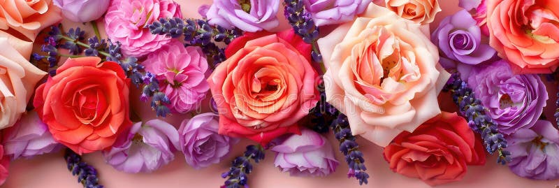 A Vibrant Collection of Roses and Lavender Forms a Harmonious Pattern ...