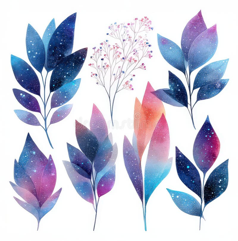 This Vibrant Collection Showcases an Array of Cosmic Plants Illustrated in Watercolor Stock ...
