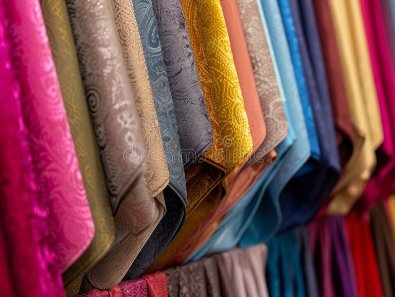Vibrant Collection of Textured Fabrics Hanging in Rows at a Market ...