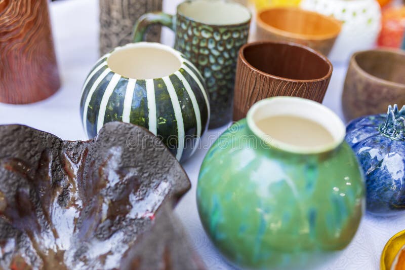 A Vibrant Collection of Unique, Handcrafted Ceramic Mugs Stock Image ...