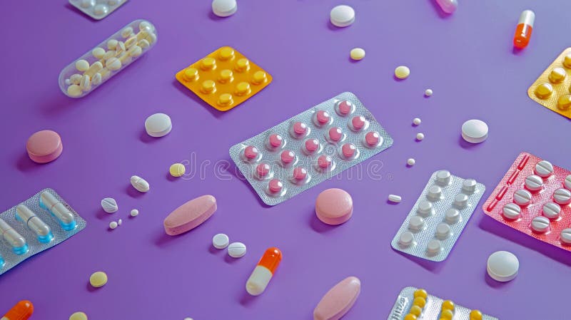 Colorful Assortment of Pills and Tablets Scattered Over a Purple ...