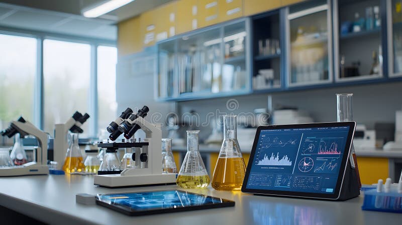 Vibrant College Lab with Beakers and Microscopes Stock Illustration ...