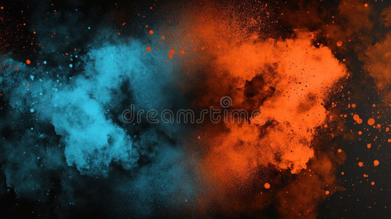 Vibrant Collision Abstract Powder Explosion in Cyan and Orange on Black ...