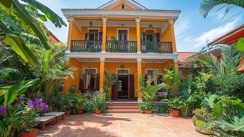 Vibrant, Colonial-style Home with Lush Tropical Gardens Stock ...