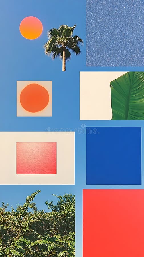 Vibrant Color Block Collage Featuring Palm Tree and Textured Sun Stock ...