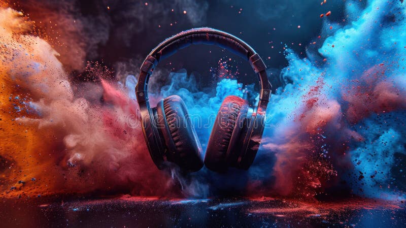 Vibrant Color Powder Explosion with Headphones on Black Background ...