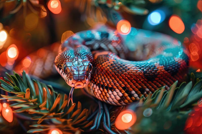 Vibrant Color Snake Coiled among Festive Red Berries Stock Photo ...