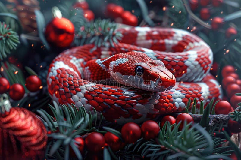 Vibrant Color Snake Coiled among Festive Red Berries Stock Image ...