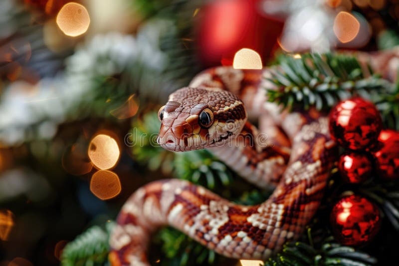 Vibrant Color Snake Coiled among Festive Red Berries Stock Photo ...