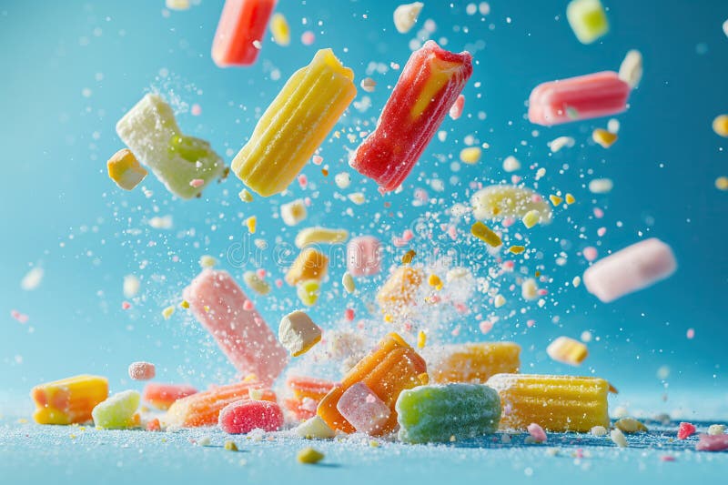 Colorful Candy Bar Exploding Midair on Blue Background Stock ...