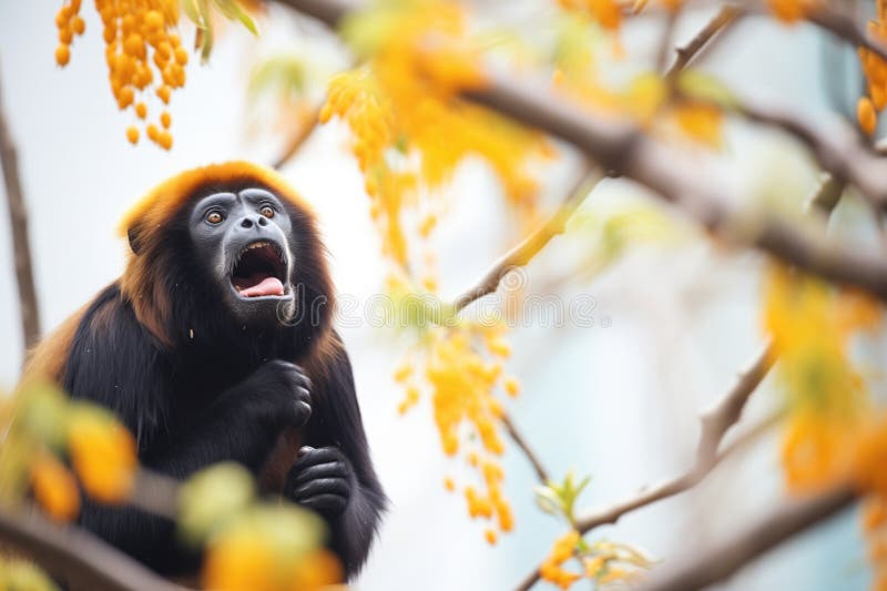 Vibrant Colored Howler Monkey Calling in Flowering Tree Stock Image ...