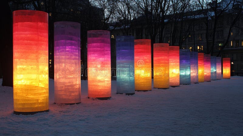 Vibrant Colored Lights Illuminate Ice Sculptures after Dark Stock Image ...