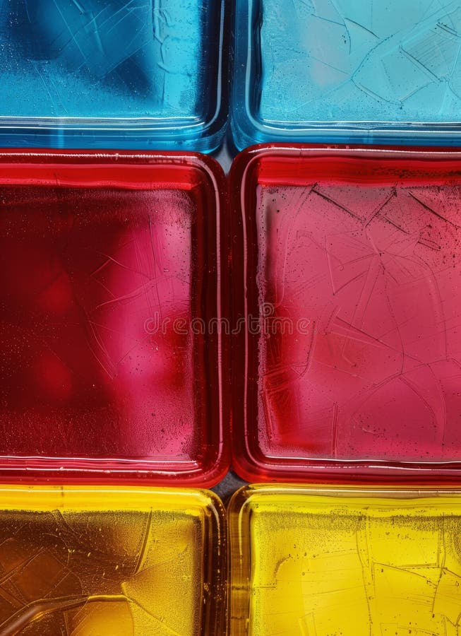Vibrant Colored Liquid in Red, Blue, and Yellow Containers with Texture ...