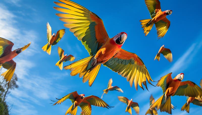 Vibrant Colored Macaws Flying in the Tropical Rainforest, Showcasing ...
