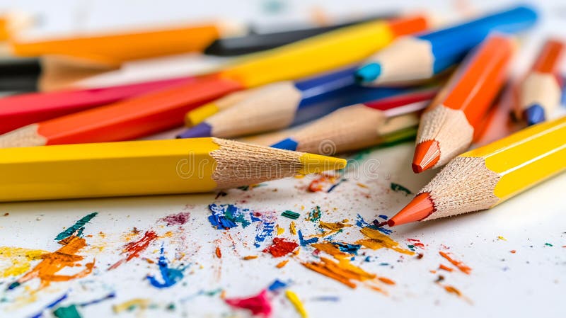 Vibrant Colored Pencils Scattered with Shavings on White Background ...