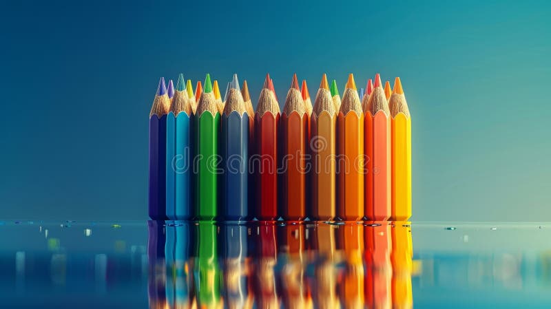 Vibrant Colored Pencils Standing Upright on Mirrored Surface in 3d ...