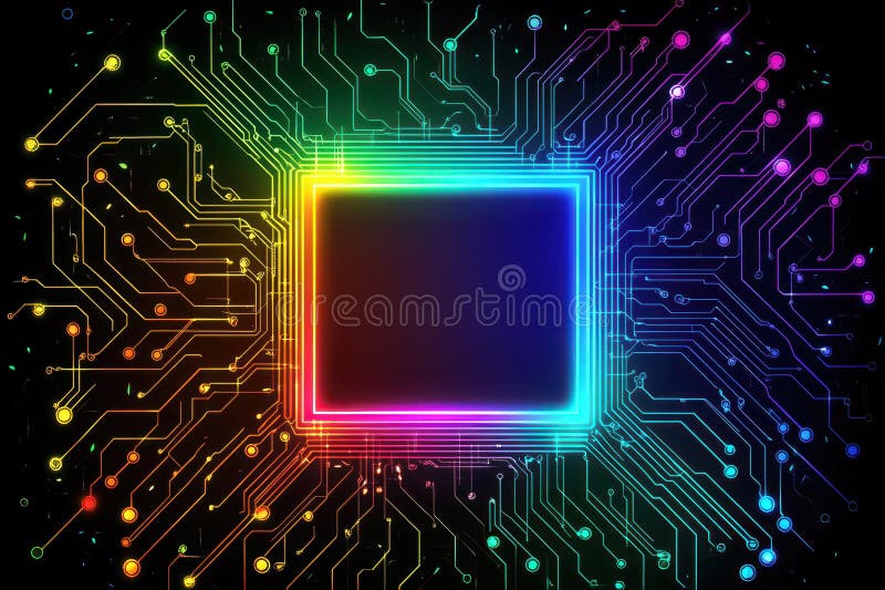 Colorful Abstract Digital Circuit Board Design with Central Microchip ...