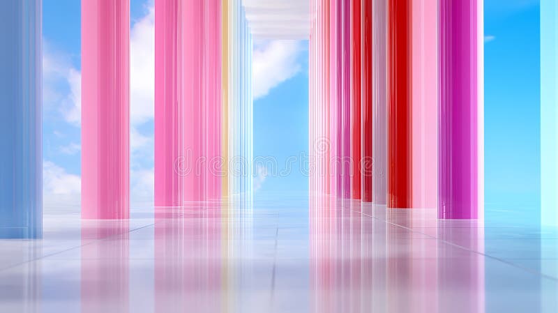 Colorful Abstract Hallway with Translucent Pillars and Sky View Stock ...
