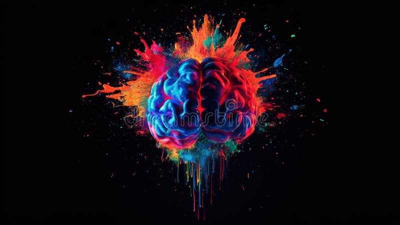 Vibrant Colorful Brain with Artistic Splashes on Black Background Stock ...