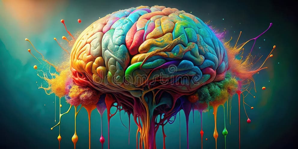 A Vibrant, Colorful Brain Dissolving into a Cascade of Paint, Symbolizing Creative Explosion and ...
