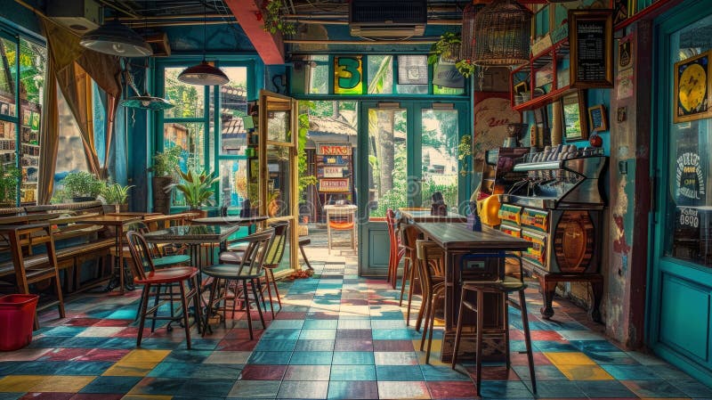 Colorful Cozy Cafe Interior with Rustic Style. Vibrant Design and ...