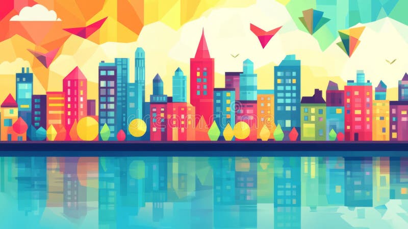 Vibrant Colorful City Skyline Reflection Stock Illustration ...
