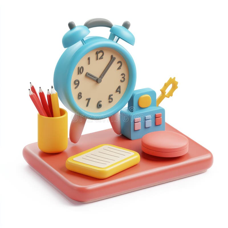 3D Render of Colorful School Supplies and Alarm Clock on Desk Stock ...