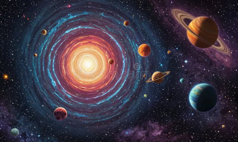 Vibrant, Colorful Depiction Solar System, Featuring Planets in Various ...