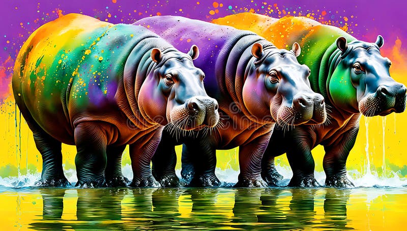 Vibrant and Colorful Digital Artwork Featuring Four Hippos Standing ...
