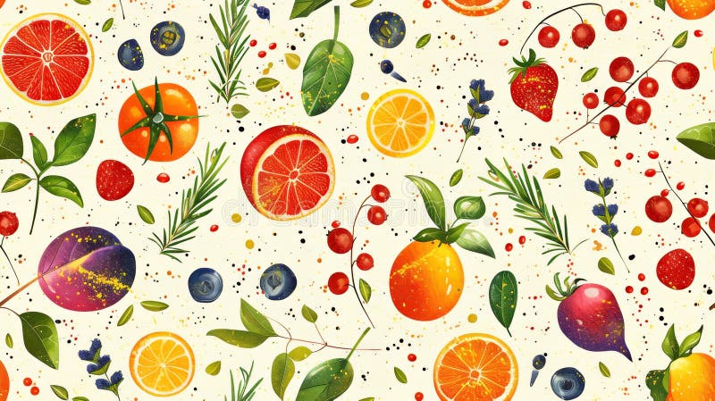 Bright and Colorful Fruit Pattern with Vegetables and Herbs. Hand-drawn ...