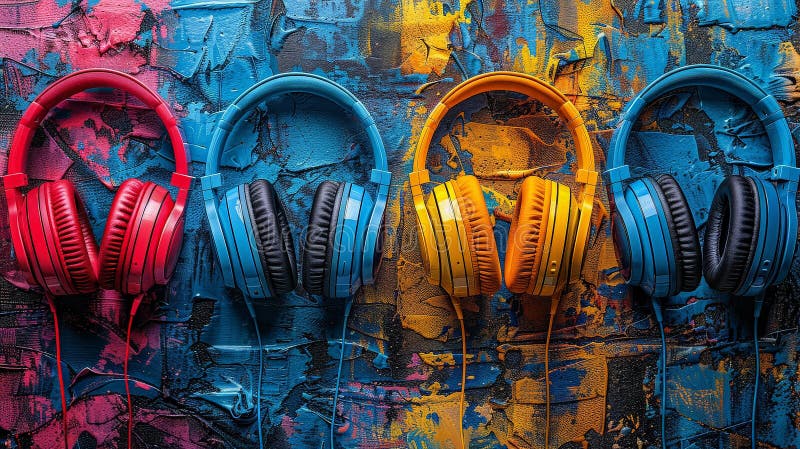 Vibrant Colorful Headphones Displayed on Wall Stock Photo - Image of ...