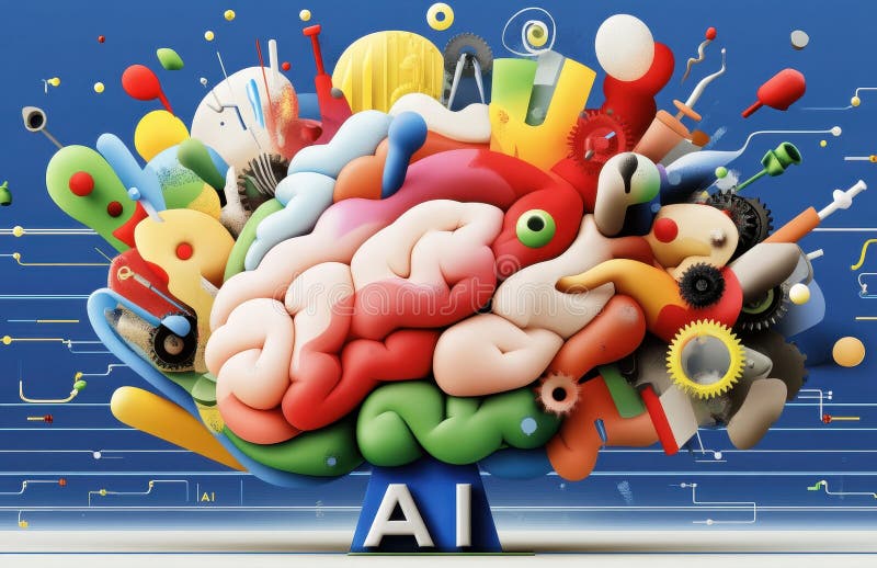 Colorful AI Brain Illustration with Gears Stock Image - Image of design ...