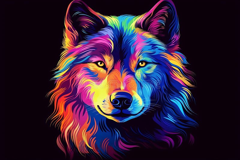 Colorful Wolf Portrait Against a Black Background Stock Illustration ...