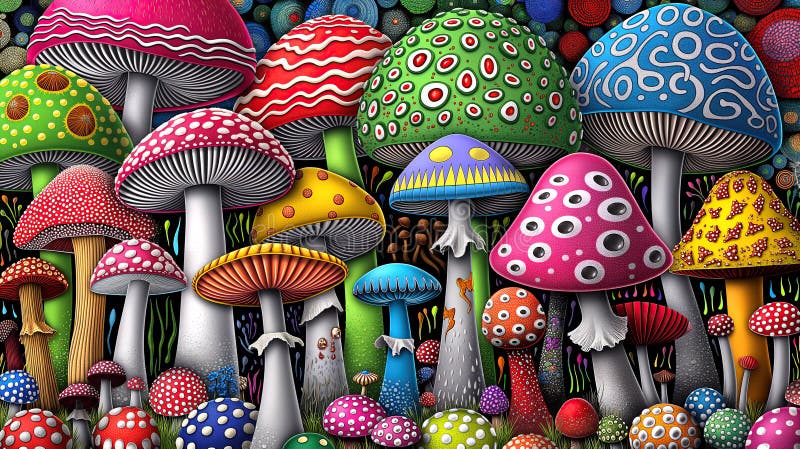 Vibrant Colorful of Large Group of Colorful Mushrooms. the Mushrooms ...