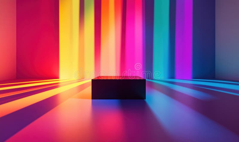 Vibrant Colorful Light Rays Projected on Wall with Black Cube ...