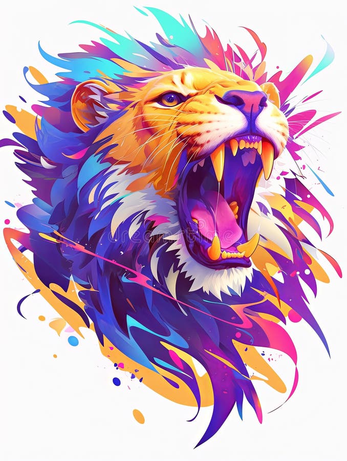 Vibrant Colorful Lion Head Roaring, Abstract Digital Art Stock ...