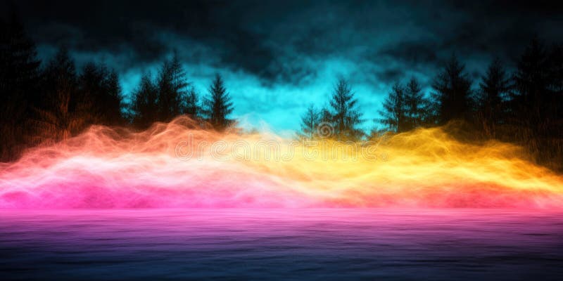 Vibrant Colorful Mist at Dusk with Silhouetted Trees and Dramatic Sky ...