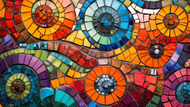 Vibrant Colorful Mosaic Tile Art with Circular and Wave Patterns Stock ...