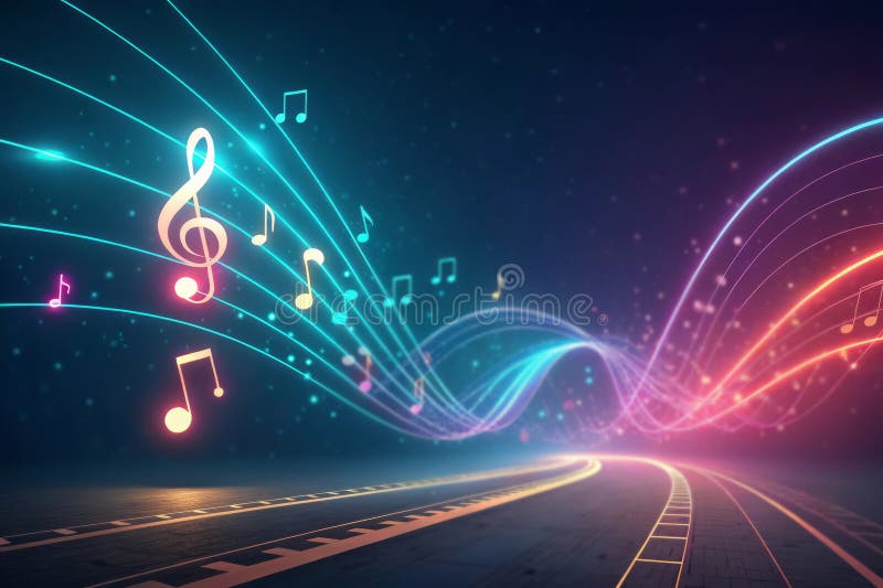 Vibrant Colorful Musical Notes Flowing through a Dark Background with ...