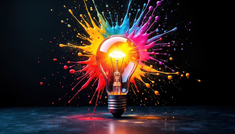 Vibrant Colorful Paint Explosion Surrounds Bright Light Bulb. Creative ...