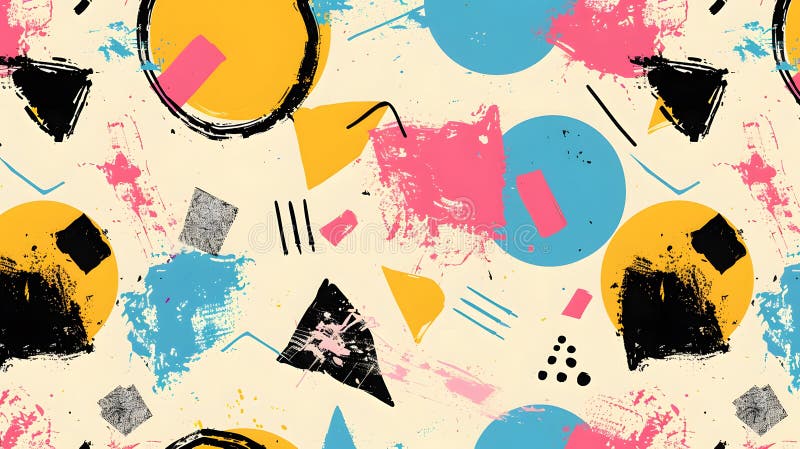 80s Retro Geometric Pattern with Colorful Brush Strokes Stock ...