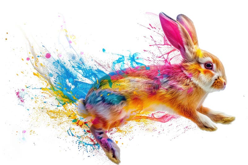 Vibrant, Colorful Rabbit Leaping Forward, Surrounded by Dynamic Paint ...