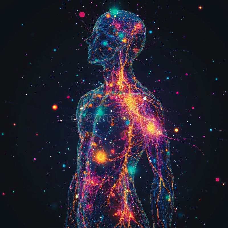 Colorful Neural Network in Human Silhouette Illuminated with Vivid Light Patterns Stock Photo ...