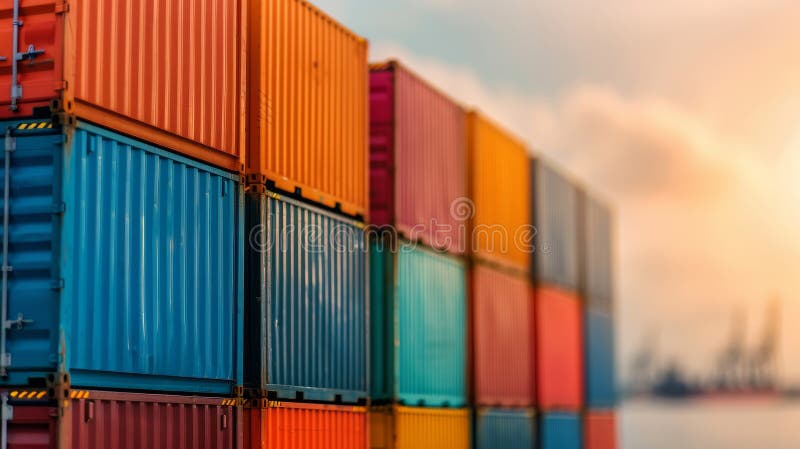 Stacked Cargo Shipping Containers at Sunset, International Trade and ...