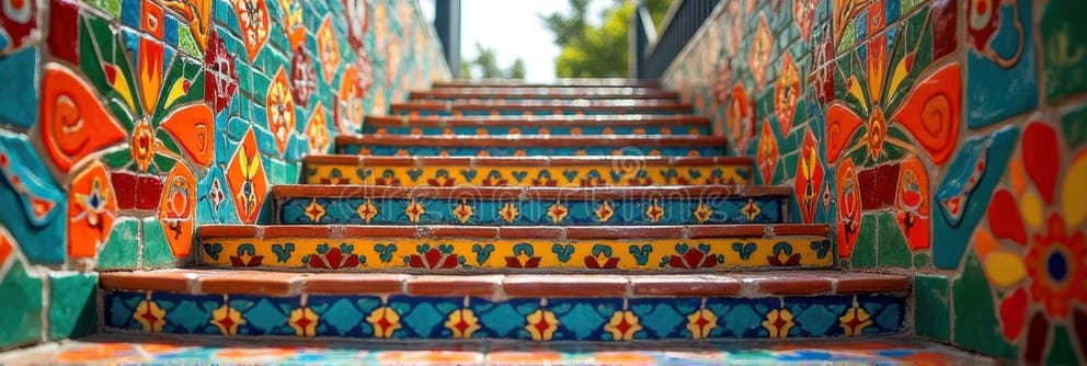 Vibrant Colorful Steps with Intricate Tile Patterns in Outdoor Setting ...