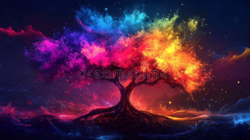 Vibrant Colorful Tree Glowing in a Cosmic Night Sky Stock Illustration ...