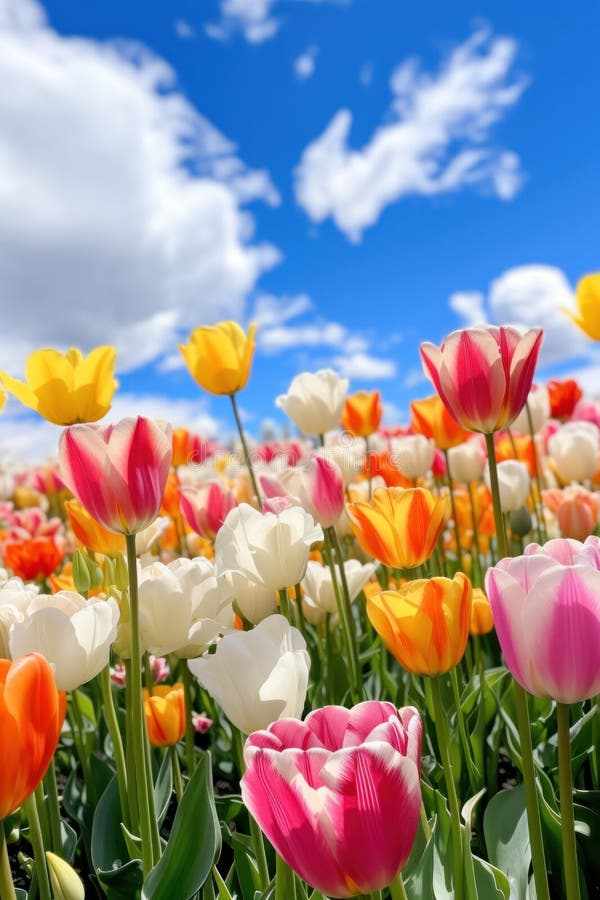 A Vibrant and Colorful Tulip Garden with a Blue Sky and White Clouds ...