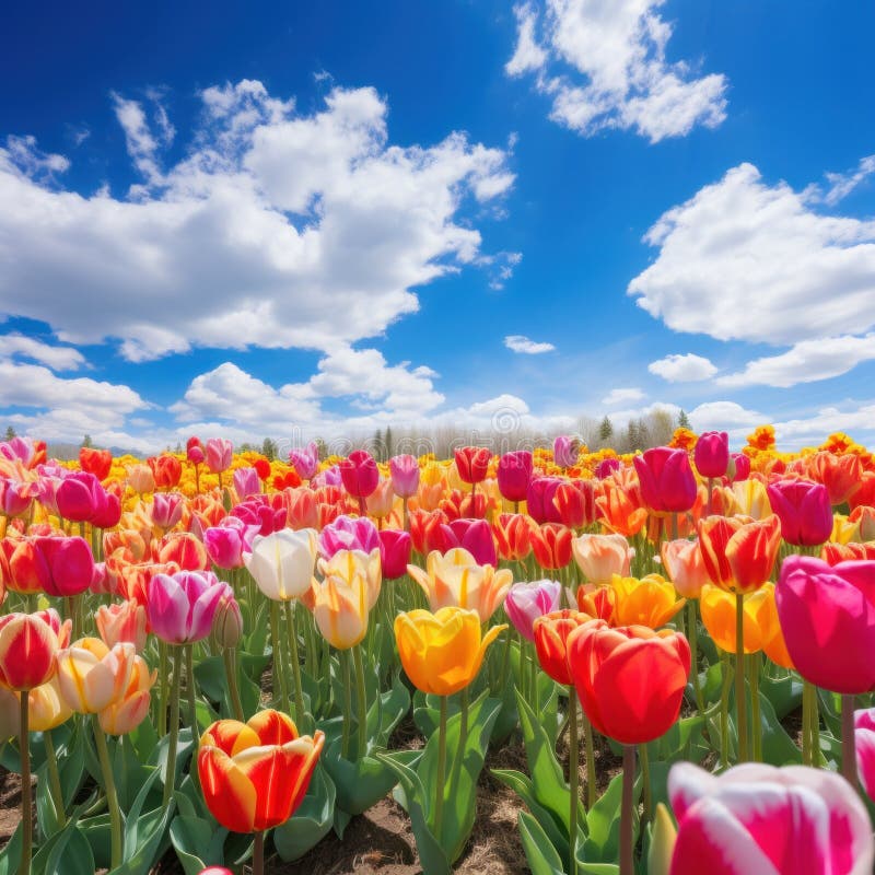 A Vibrant and Colorful Tulip Garden with a Blue Sky and White Clouds ...