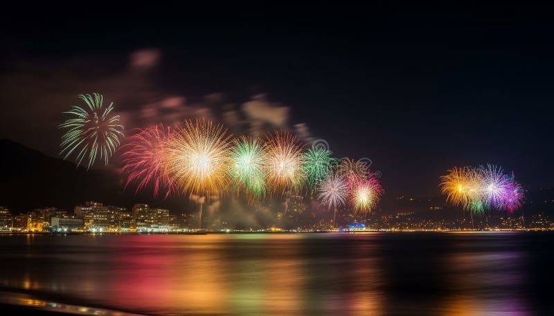 Vibrant Colors Illuminate Cityscape during Explosive Firework Display ...