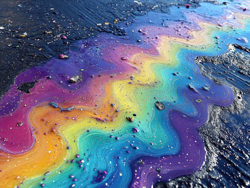 Vibrant Colors Reflect in Puddle from Sunlight on Wet Asphalt Creating ...